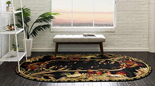 Unique Loom Barnyard Collection French Country Inspired Cottage Rooster Design Area Rug (5' 0 x 8' 0 Oval, Black/Ivory)