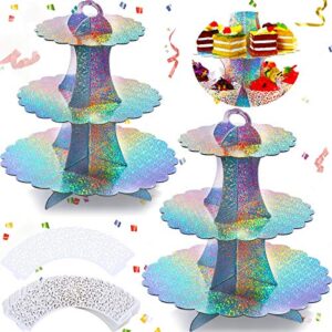 2 pieces 3-tier round cupcake stand rainbow cardboard cupcake stands with 10 pieces cupcake wrappers dessert tower pastry display stand set for baby shower wedding birthday party