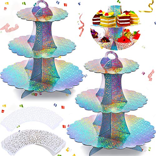 2 Pieces 3-Tier Round Cupcake Stand Rainbow Cardboard Cupcake Stands with 10 Pieces Cupcake Wrappers Dessert Tower Pastry Display Stand Set for Baby Shower Wedding Birthday Party