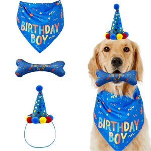 idolpet dog birthday boy bandana hat toy set pet happy birthday party supplies triangle bibs with cute bone dog birthday scarf accessories and decoration for doggy large dog – blue…