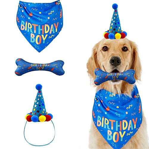 IDOLPET Dog Birthday Boy Bandana Hat Toy Set Pet Happy Birthday Party Supplies Triangle Bibs with Cute Bone Dog Birthday Scarf Accessories and Decoration for Doggy Large Dog – Blue…