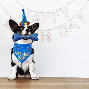 IDOLPET Dog Birthday Boy Bandana Hat Toy Set Pet Happy Birthday Party Supplies Triangle Bibs with Cute Bone Dog Birthday Scarf Accessories and Decoration for Doggy Large Dog – Blue…