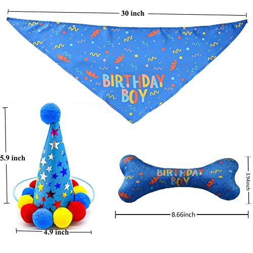 IDOLPET Dog Birthday Boy Bandana Hat Toy Set Pet Happy Birthday Party Supplies Triangle Bibs with Cute Bone Dog Birthday Scarf Accessories and Decoration for Doggy Large Dog – Blue…