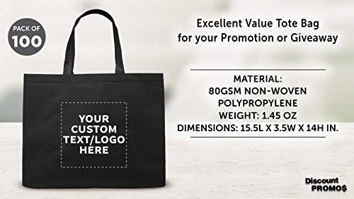 DISCOUNT PROMOS Jumbo Sized Tote Bags Set of 100, Bulk Pack - Grocery, Shopping, Travel, Carry on Bag, Totes for Women, Reusable, Black