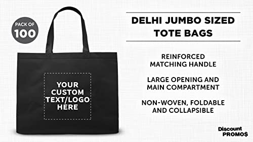 DISCOUNT PROMOS Jumbo Sized Tote Bags Set of 100, Bulk Pack - Grocery, Shopping, Travel, Carry on Bag, Totes for Women, Reusable, Black