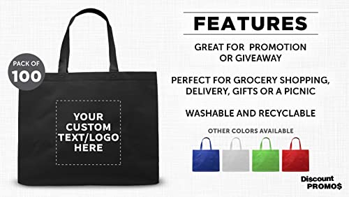 DISCOUNT PROMOS Jumbo Sized Tote Bags Set of 100, Bulk Pack - Grocery, Shopping, Travel, Carry on Bag, Totes for Women, Reusable, Black