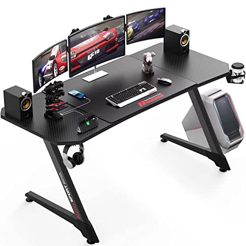 VITESSE Ergonomic Gaming Desk 55 Inch, Z Shaped Office PC Computer Desk with Mouse Pad, Gamer Tables with Gaming Handle Rack, Cup Holder Headphone Hook