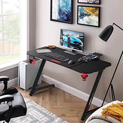 VITESSE Ergonomic Gaming Desk 55 Inch, Z Shaped Office PC Computer Desk with Mouse Pad, Gamer Tables with Gaming Handle Rack, Cup Holder Headphone Hook