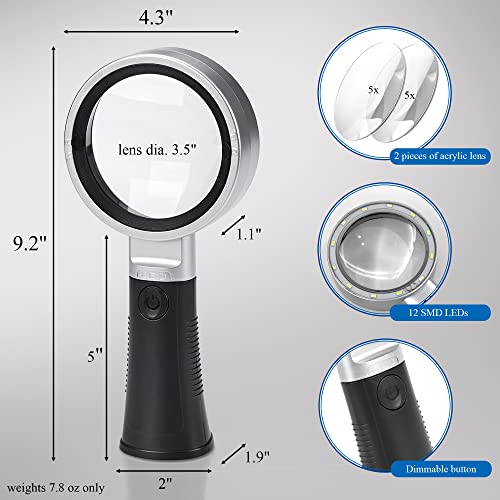 MAGDEPO 10X Lighted Magnifying Stand Loupe Reading Magnifier with 12 SMD LEDs Dimmable Lighting Modes, Perfect for Macular Degeneration, Reading, Soldering, Inspection, Cross Stitch, etc.