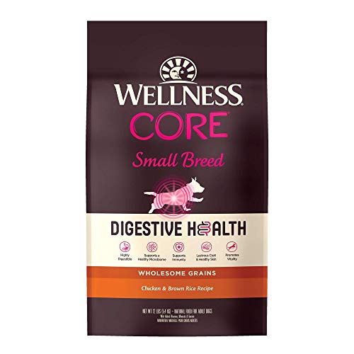 Wellness CORE Digestive Health Dry Dog Food with Wholesome Grains, Highly Digestible, for Dogs with Sensitive Stomachs, Made in USA with Real Protein (Small Breed, Chicken & Brown Rice, 12-Pound Bag)