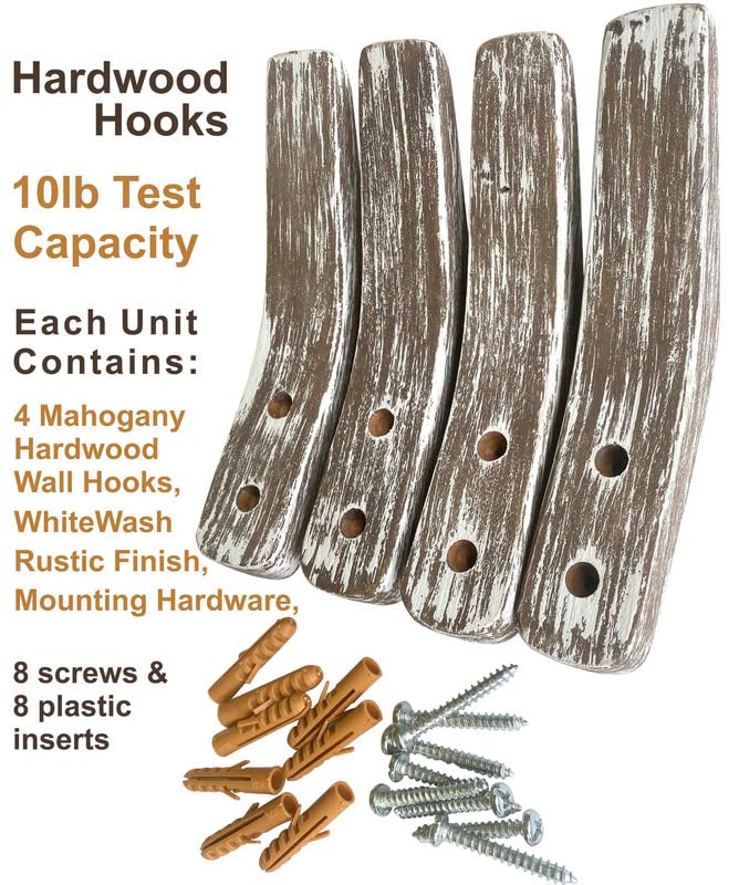 WRIGHTMART Wooden Wall Mounted Coat Hook Set of 4 - Heavy Duty Handmade for Entryway, Hallway, Bathroom, Kitchen - Weathered Whitewash Farmhouse Decor