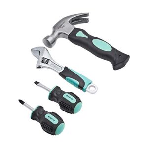 amazon basics 4-piece stubby tool set with hammer, screwdrivers and adjustable wrench - turquoise