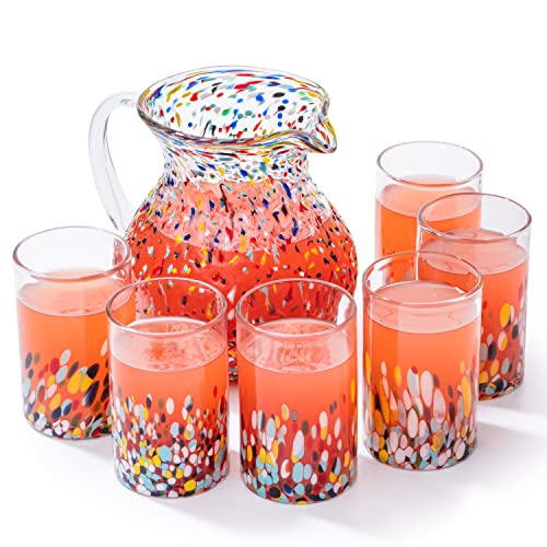 Hand Blown Mexican Drinking Glasses and Pitcher – Set of 6 with Mexican Confetti Design (14 oz each) and Pitcher (84 Ounces) by The Wine Savant (Confetti)