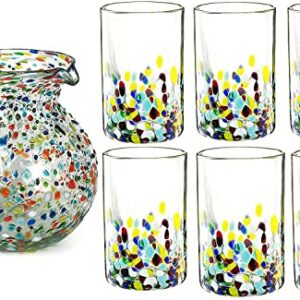 Hand Blown Mexican Drinking Glasses and Pitcher – Set of 6 with Mexican Confetti Design (14 oz each) and Pitcher (84 Ounces) by The Wine Savant (Confetti)