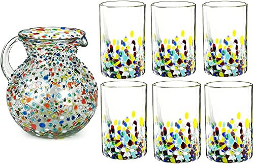 Hand Blown Mexican Drinking Glasses and Pitcher – Set of 6 with Mexican Confetti Design (14 oz each) and Pitcher (84 Ounces) by The Wine Savant (Confetti)