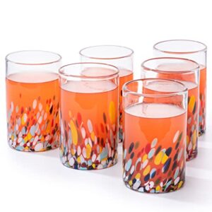 Hand Blown Mexican Drinking Glasses and Pitcher – Set of 6 with Mexican Confetti Design (14 oz each) and Pitcher (84 Ounces) by The Wine Savant (Confetti)