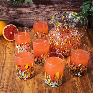 Hand Blown Mexican Drinking Glasses and Pitcher – Set of 6 with Mexican Confetti Design (14 oz each) and Pitcher (84 Ounces) by The Wine Savant (Confetti)