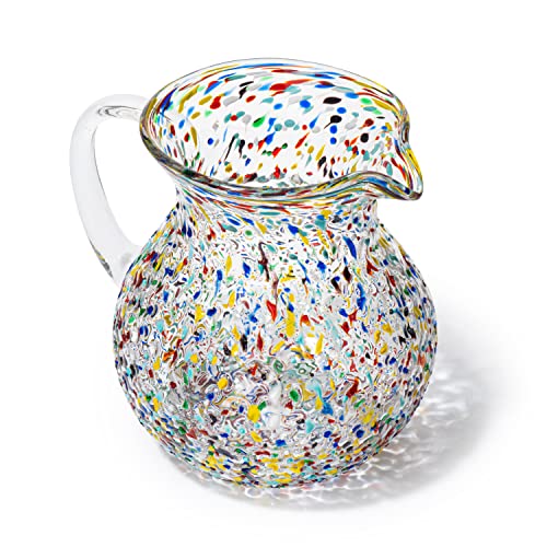 Hand Blown Mexican Drinking Glasses and Pitcher – Set of 6 with Mexican Confetti Design (14 oz each) and Pitcher (84 Ounces) by The Wine Savant (Confetti)