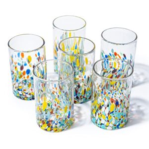 Hand Blown Mexican Drinking Glasses and Pitcher – Set of 6 with Mexican Confetti Design (14 oz each) and Pitcher (84 Ounces) by The Wine Savant (Confetti)