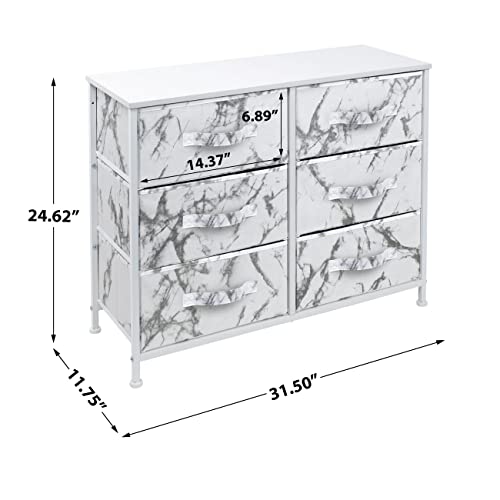 Sorbus Dresser with 6 Drawers - Furniture Storage Chest Tower Unit for Bedroom, Hallway, Closet, Office Organization - Steel Frame, Wood Top, Easy Pull Fabric Bins (Marble White – White Frame)