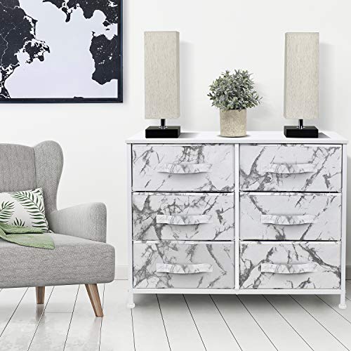 Sorbus Dresser with 6 Drawers - Furniture Storage Chest Tower Unit for Bedroom, Hallway, Closet, Office Organization - Steel Frame, Wood Top, Easy Pull Fabric Bins (Marble White – White Frame)