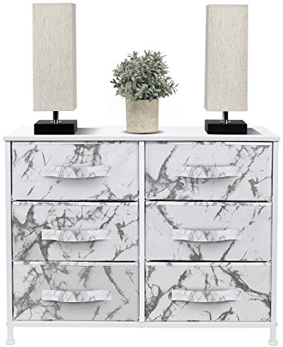 Sorbus Dresser with 6 Drawers - Furniture Storage Chest Tower Unit for Bedroom, Hallway, Closet, Office Organization - Steel Frame, Wood Top, Easy Pull Fabric Bins (Marble White – White Frame)