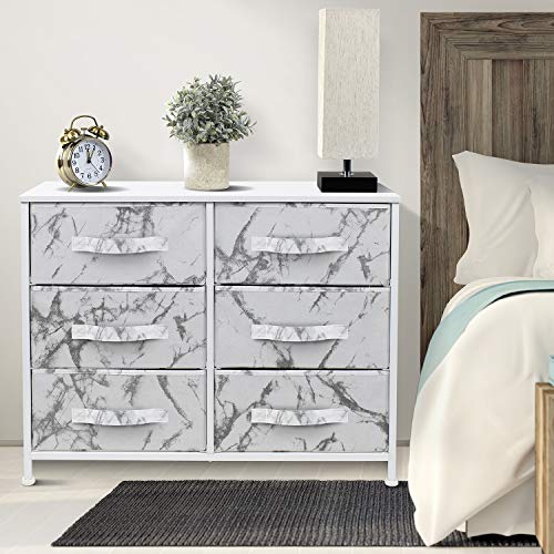 Sorbus Dresser with 6 Drawers - Furniture Storage Chest Tower Unit for Bedroom, Hallway, Closet, Office Organization - Steel Frame, Wood Top, Easy Pull Fabric Bins (Marble White – White Frame)