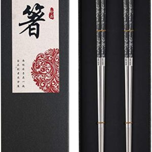 Stainless Steel Chopsticks Titanium Plated Metal Chopsticks Reusable Dishwasher safe Premium Japanese Korean Chopstick Laser Engraved Anti-slip Chop Sticks for Eating 2 Pairs Gift Set Black Silver