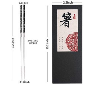 Stainless Steel Chopsticks Titanium Plated Metal Chopsticks Reusable Dishwasher safe Premium Japanese Korean Chopstick Laser Engraved Anti-slip Chop Sticks for Eating 2 Pairs Gift Set Black Silver