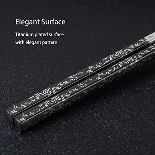 Stainless Steel Chopsticks Titanium Plated Metal Chopsticks Reusable Dishwasher safe Premium Japanese Korean Chopstick Laser Engraved Anti-slip Chop Sticks for Eating 2 Pairs Gift Set Black Silver