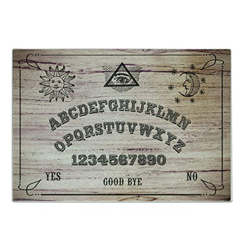 Ambesonne Ouija Board Cutting Board, Wooden Texture Talking Board with Alphabet Letters, Decorative Tempered Glass Cutting and Serving Board, Small Size, Beige Black