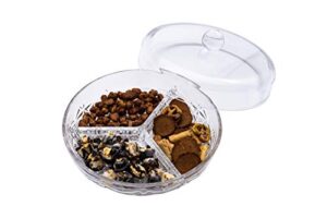 huang acrylic 3-section divided serving dishes with lid | round snack and condiment tray with cover | multifunctional party snack tray for nuts, candies, fruit, and veggies