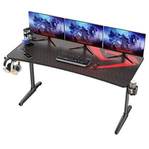 eureka ergonomic 60'' gaming desk, t-shaped carbon fiber surface computer desk with free mouse pad,large pc gamer desk gaming table with usb handle rack cup holder headphone hook,black