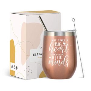 ELEGANTPARK Teacher Gifts for Women Teacher Apprreciation Gifts Christmas Gifts for Teacher Tote Bag Canvas Teacher Thank you Gifts Wine Tumbler with Straw Rose Gold