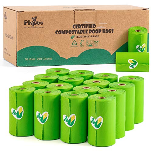 Pkpoo Compostable Poop Bags Certified, 240 Plant-Based Poop Bags for Dogs, Unscented Doggie Waste Bags - Vegetable-Based Extra Thick with 100% Leak-Proof, Green Dog Poo Bags