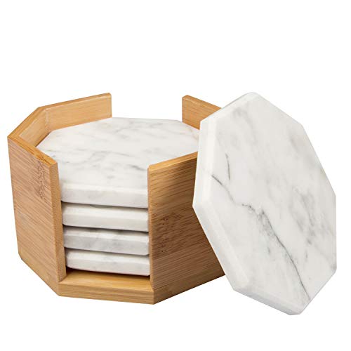 White Carrara Marble Coasters with Bamboo Holder (Set of 5) - Protection for Any Table Type - Fits Any Coffee Mug, Cup, Wine Glass, Barware - Great for Hosting Parties, Wedding & Mother's Day Gifts