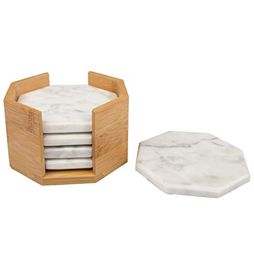 White Carrara Marble Coasters with Bamboo Holder (Set of 5) - Protection for Any Table Type - Fits Any Coffee Mug, Cup, Wine Glass, Barware - Great for Hosting Parties, Wedding & Mother's Day Gifts