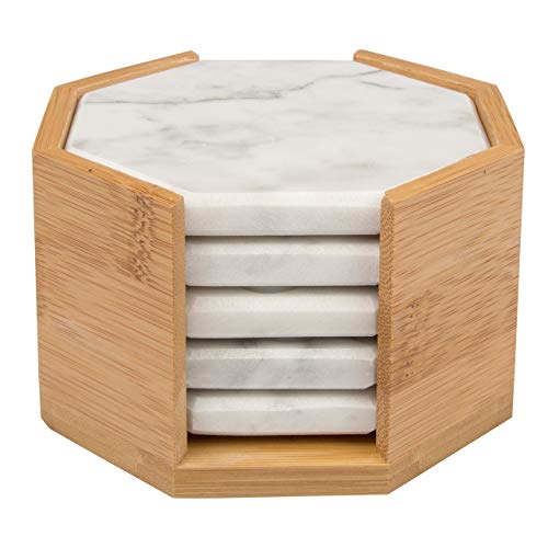 White Carrara Marble Coasters with Bamboo Holder (Set of 5) - Protection for Any Table Type - Fits Any Coffee Mug, Cup, Wine Glass, Barware - Great for Hosting Parties, Wedding & Mother's Day Gifts