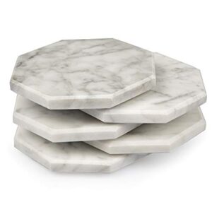 White Carrara Marble Coasters with Bamboo Holder (Set of 5) - Protection for Any Table Type - Fits Any Coffee Mug, Cup, Wine Glass, Barware - Great for Hosting Parties, Wedding & Mother's Day Gifts