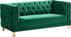 meridian furniture 652green-l michelle collection modern | contemporary loveseat with deep button tufting, nailhead trim and sturdy gold iron legs, 66" w x 34" d x 30" h, green