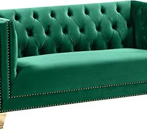 Meridian Furniture 652Green-L Michelle Collection Modern | Contemporary Loveseat with Deep Button Tufting, Nailhead Trim and Sturdy Gold Iron Legs, 66" W x 34" D x 30" H, Green