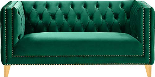 Meridian Furniture 652Green-L Michelle Collection Modern | Contemporary Loveseat with Deep Button Tufting, Nailhead Trim and Sturdy Gold Iron Legs, 66" W x 34" D x 30" H, Green