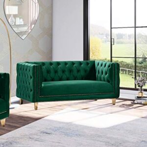 Meridian Furniture 652Green-L Michelle Collection Modern | Contemporary Loveseat with Deep Button Tufting, Nailhead Trim and Sturdy Gold Iron Legs, 66" W x 34" D x 30" H, Green