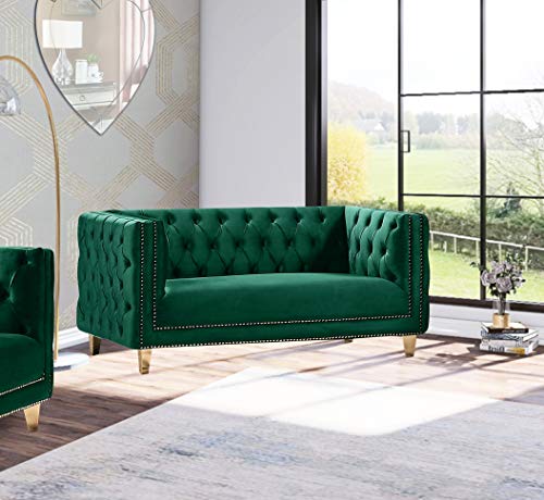 Meridian Furniture 652Green-L Michelle Collection Modern | Contemporary Loveseat with Deep Button Tufting, Nailhead Trim and Sturdy Gold Iron Legs, 66" W x 34" D x 30" H, Green