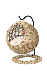 yospot hand made wicker cat bed basket swinging pet house nest for small dog cat with cushion