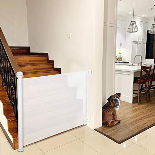 YOOFOR Retractable Baby Gate, Extra Wide Safety Kids or Pets Gate, 33” Tall, Extends to 55” Wide, Mesh Safety Dog Gate for Stairs, Indoor, Outdoor, Doorways, Hallways (White, 33"x55")