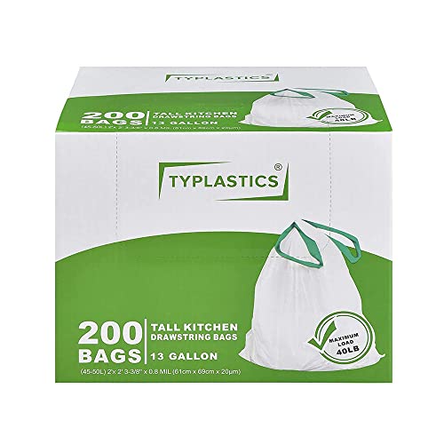 TYPLASTICS Tall Kitchen Drawstring Trash Bags 13 Gallon (200 Count)