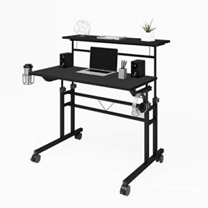 Techni Mobili Rolling Writing Desk with Height Adjustable Desktop and Moveable Shelf, Black