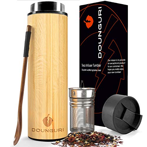 Dounguri Bamboo Thermos with Tea Infuser & Strainer 19oz capacity - Keeps Hot & Cold for 12 Hrs - Vacuum Insulated Stainless Steel Travel Tea Tumbler Infuser Bottle for Loose Leaf Tea & Coffee