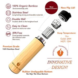 Dounguri Bamboo Thermos with Tea Infuser & Strainer 19oz capacity - Keeps Hot & Cold for 12 Hrs - Vacuum Insulated Stainless Steel Travel Tea Tumbler Infuser Bottle for Loose Leaf Tea & Coffee